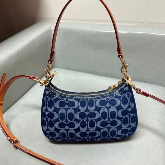 Coach | Bags | Coach Navy And Tan Signature Shoulder Bag | Poshmark